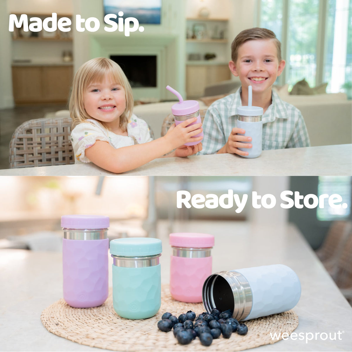 WeeSprout | 3-in-1 Stainless Steel Cups for Kids | Set of 4 | 8 oz or 12 oz